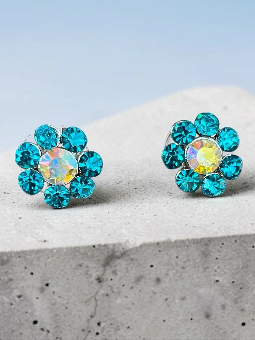 Jewelry | Vintage Style Turquoise Blue Aurora Borealis Crystal Flower ...